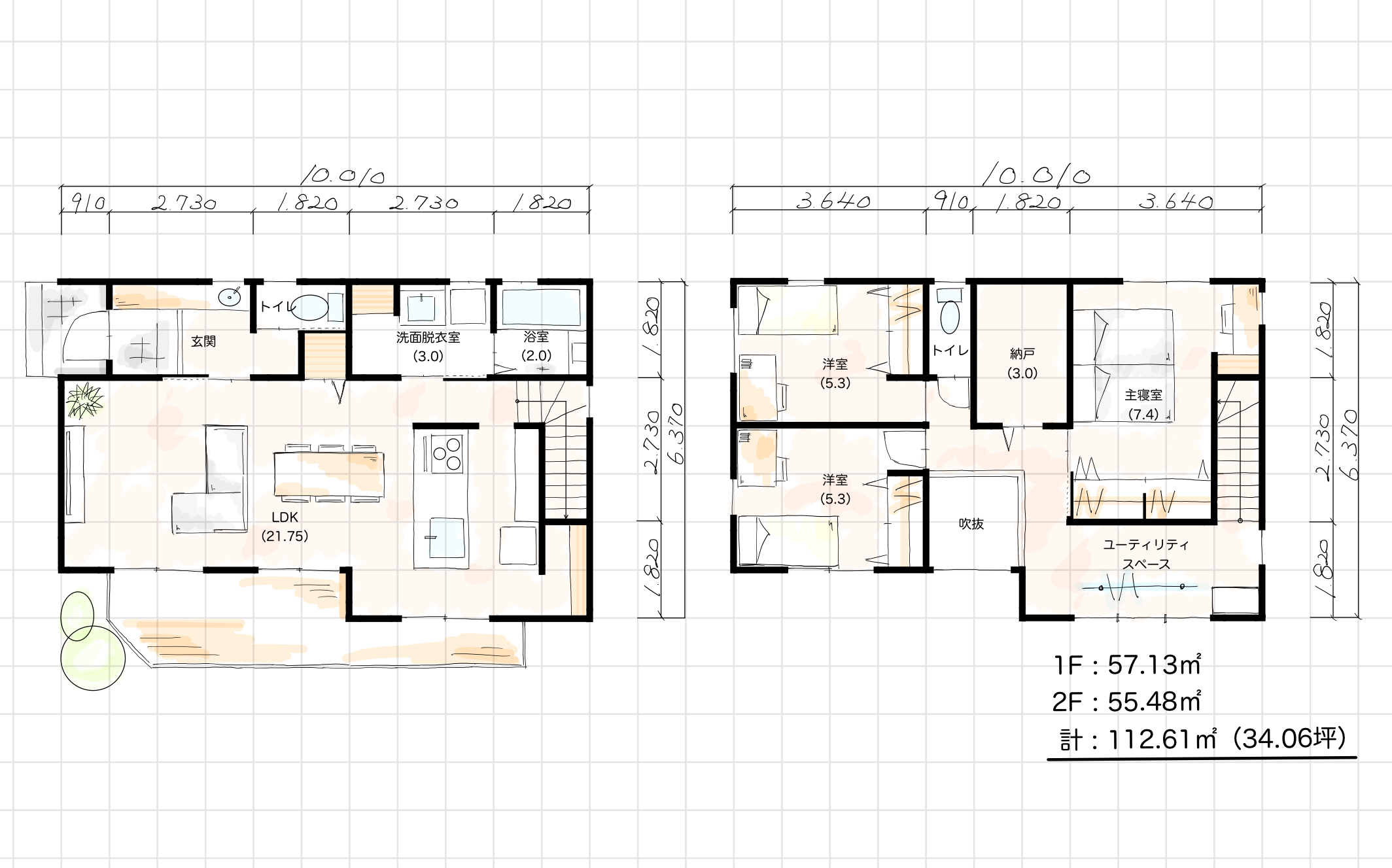 3LDK 34.06坪 西（東）玄関 間口10.01m×6.37m - サラリーマン設計士の間取り紹介