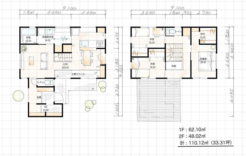 3LDK 33.31坪 南玄関 間口9.1m×奥行9.555m - サラリーマン設計士の間取り紹介