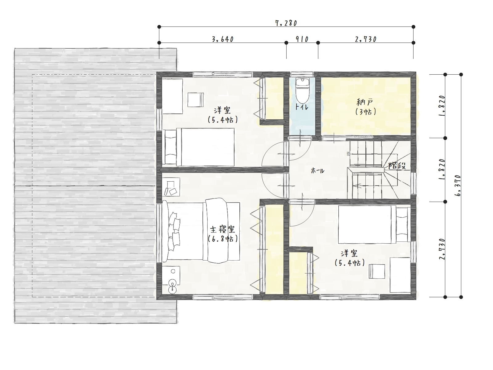 1階充実2階は寝るだけ これ最近のトレンド半平屋プラン【4LDK 33.57坪 東（西）玄関】 - フクトリの間取り紹介