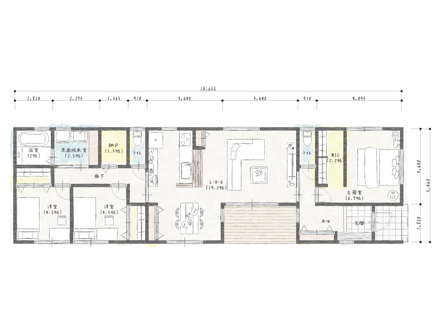 間口が狭くても建てれます！奥にながーい平屋プラン - フクトリの間取り紹介